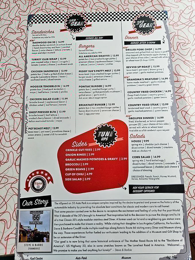 Decisions, decisions! This menu is a roadmap to comfort food paradise. Better bring your appetite and your reading glasses!