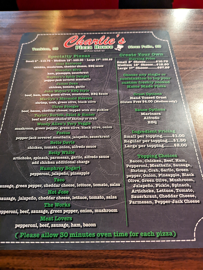 A menu that reads like a Hollywood Walk of Fame for pizzas. From Hepburn to Bogart, these pies are ready for their close-up!