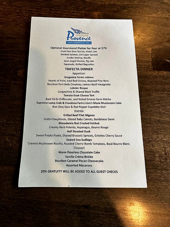 A menu that reads like a love letter to French cuisine. Warning: May cause spontaneous booking of flights to Paris!