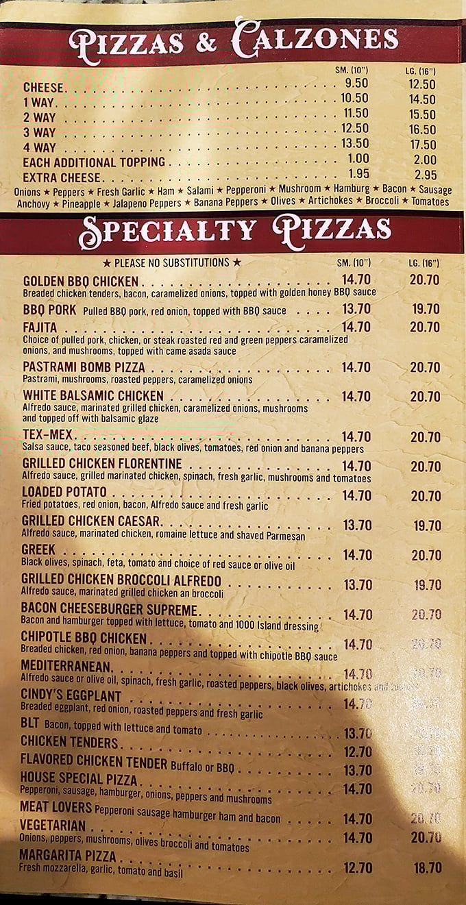 Decisions, decisions! This menu is like a choose-your-own-adventure book, but every ending involves delicious pizza. Good luck picking just one!