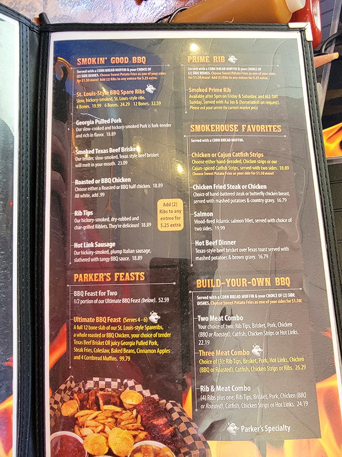 Decisions, decisions! Parker's menu is a roadmap to BBQ bliss. Pro tip: Bring a friend and share &ndash; your stomach will thank you later.