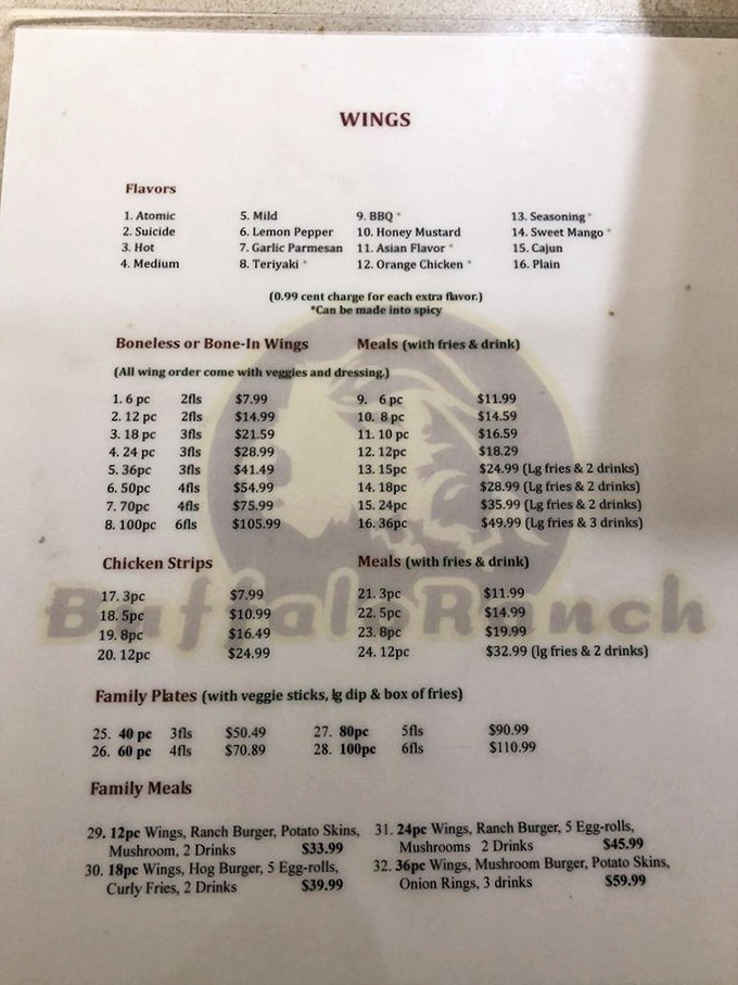 Behold, the sacred text of Buffalo Ranch! This menu is like a choose-your-own-adventure book for your taste buds.