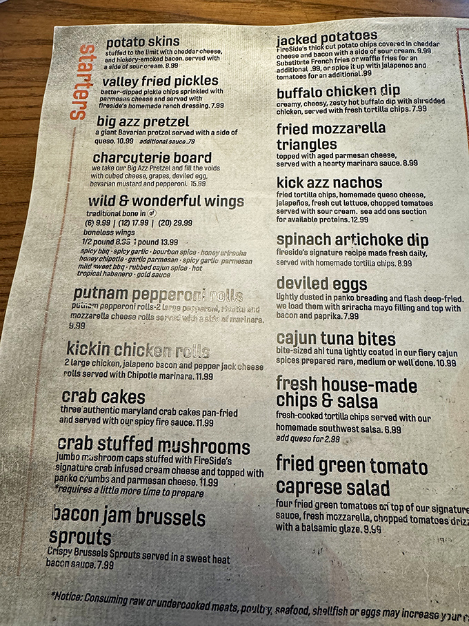 Menu archaeology reveals treasures like "Wild & Wonderful Wings" and the aptly named "Big Azz Pretzel." Reading this is like finding a culinary treasure map.