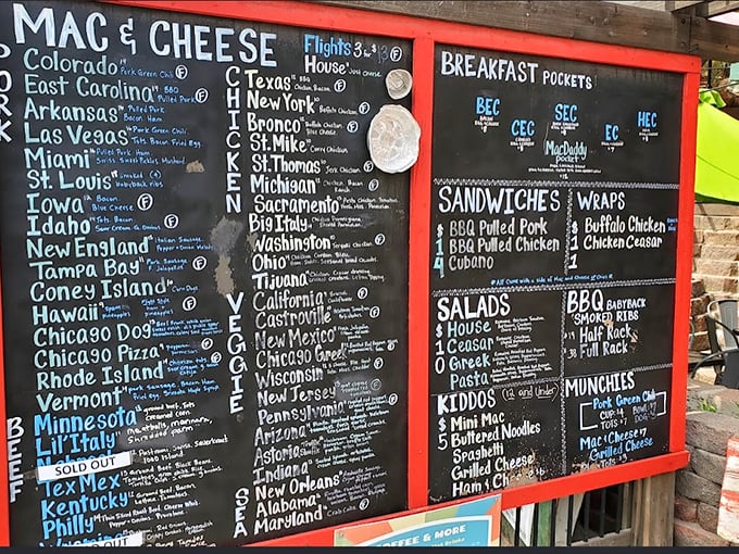 The Sistine Chapel of cheese! This menu board is a masterpiece of mac and cheese artistry, offering a whirlwind tour of flavors from sea to shining sea.
