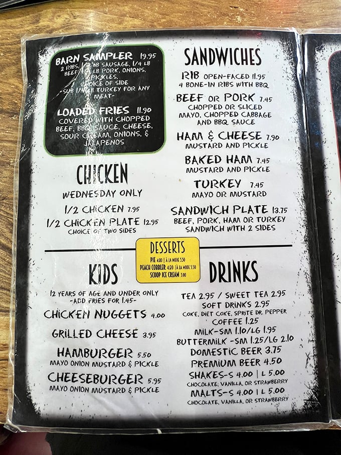 A menu worn with love and splattered with sauce—the true mark of barbecue authenticity. Those loaded fries at $11.90 might be the best value in the South.