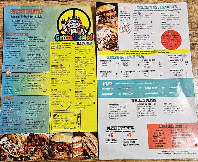 A menu that reads like a love letter to smoked meats, with that mac and cheese hiding modestly under "Basted Bitty Bites."