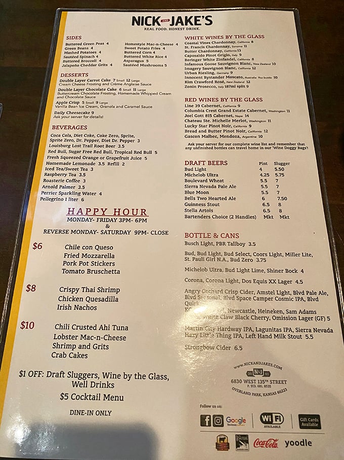 A menu that reads like a love letter to comfort food classics. The $4 mac and cheese is the bargain of the century.