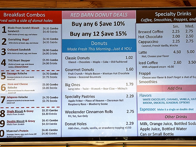 The menu board reveals the treasures awaiting&mdash;notice that "Apple Fritter" earns its "Slice of Heaven" title right there in black and white.