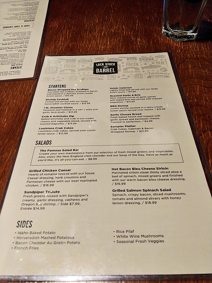 A menu that reads like a love letter to carnivores. The hardest decision you'll make today is whether to go "petite" or "king" with that legendary prime rib.