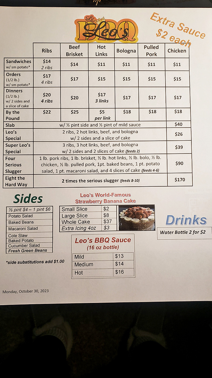 Decisions, decisions! Leo's menu is a carnivore's dream come true. It's like choosing your favorite child, if your children were made of delicious smoked meats.
