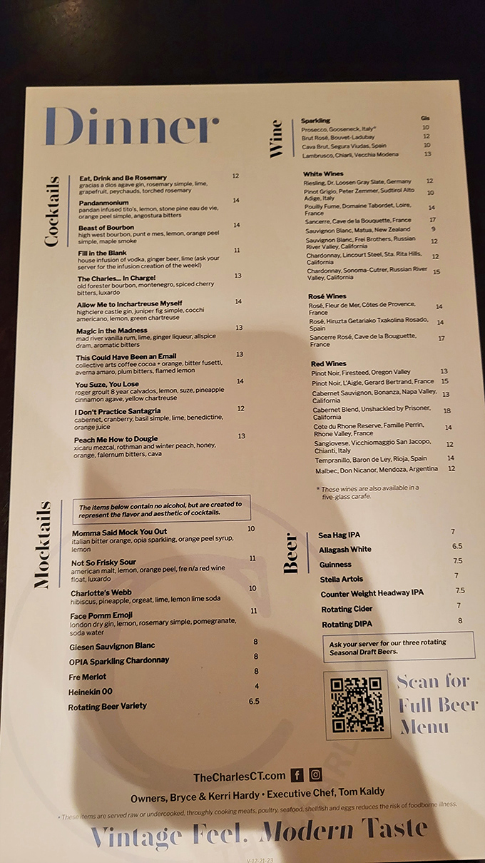 Decisions, decisions! The Charles's menu is a culinary choose-your-own-adventure, with cocktails named by a wordsmith who's clearly living their best life.