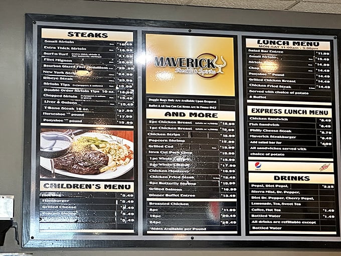 Behold, the menu of dreams! From thick sirloins to juicy ribeyes, it's a carnivore's choose-your-own-adventure book. Decisions, decisions...