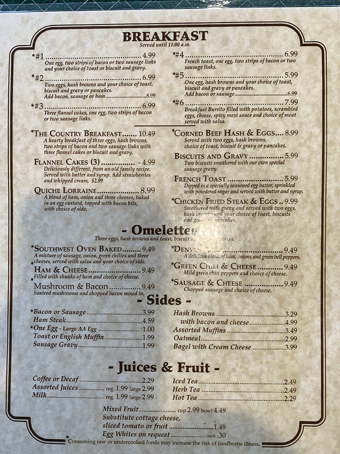 A breakfast menu that reads like a love letter to morning indulgence. Flannel Cakes? I'm already loosening my belt.