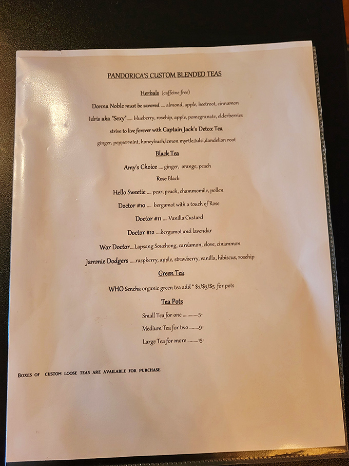 Fancy a cuppa that's out of this world? The Pandorica's tea menu is a Time Lord's dream, with blends as complex as the Doctor's timeline.