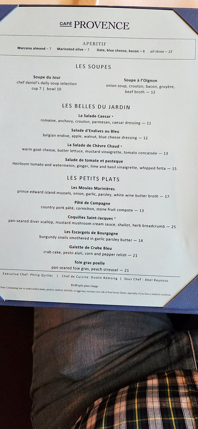 A menu that reads like a love letter to French cuisine. Warning: May cause spontaneous beret-wearing and dreams of Parisian vacations.