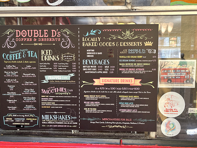 A menu that's as colorful as the bus itself. From "Gourmet Organic Coffee" to "Signature Drinks," there's something to tickle every taste bud.