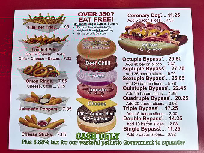 Behold, the menu of madness! From "Flatliner Fries" to the "Octuple Bypass Burger," it's a cardiologist's nightmare and a food lover's dream.