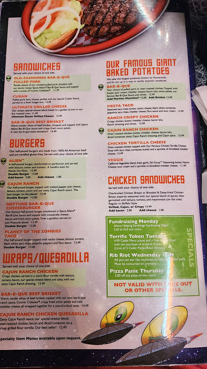 Houston, we have options! This menu is a treasure map of intergalactic flavors that'll make your taste buds do the moonwalk.