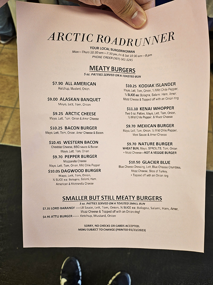 Behold, the sacred text of burger bliss! This menu is a roadmap to flavor town, with options to satisfy every carnivorous craving.