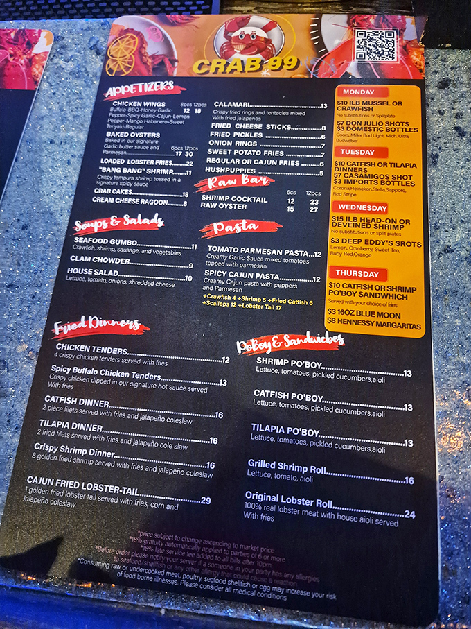 A menu that reads like a love letter to the sea. From "Bang Bang" shrimp to Cajun pasta, it's a culinary cruise without leaving port.