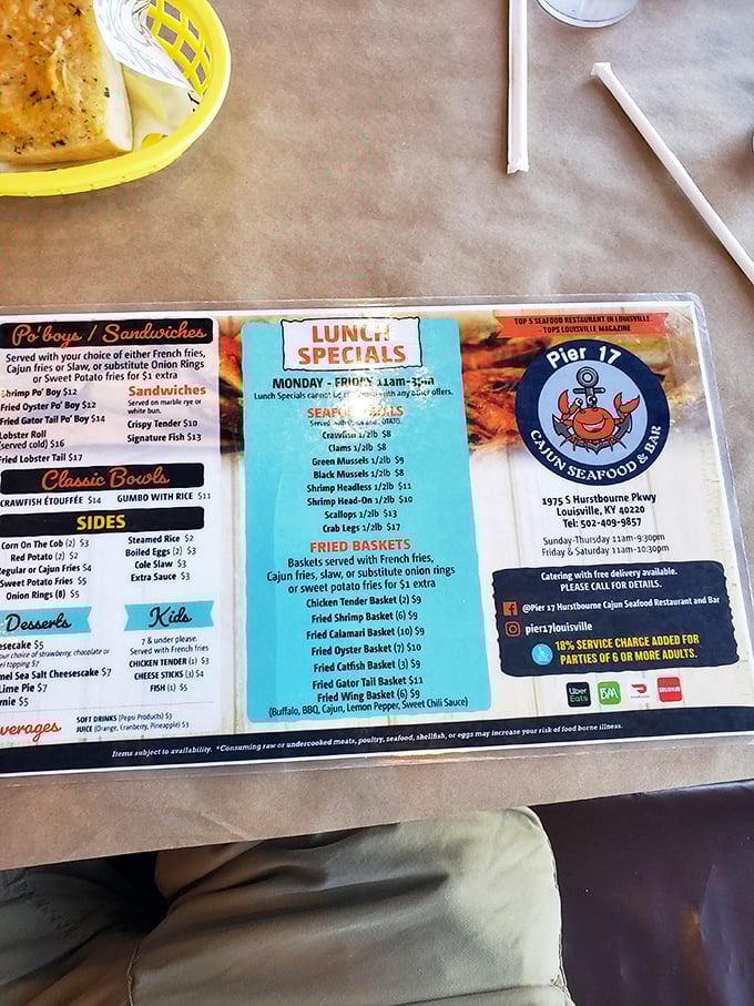 This menu is a treasure map of oceanic delights. From po' boys to seafood boils, it's a culinary adventure that would make Captain Nemo jealous.