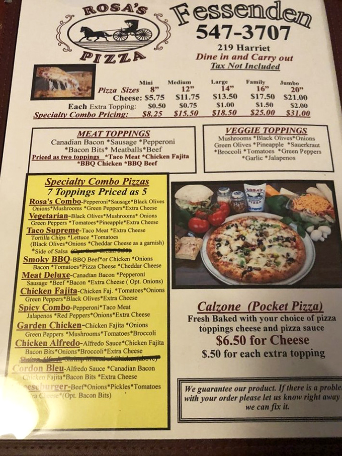 Behold, the sacred text of Rosa's! This menu isn't just a list; it's a roadmap to pizza nirvana, complete with combo deals that'll make your wallet smile.