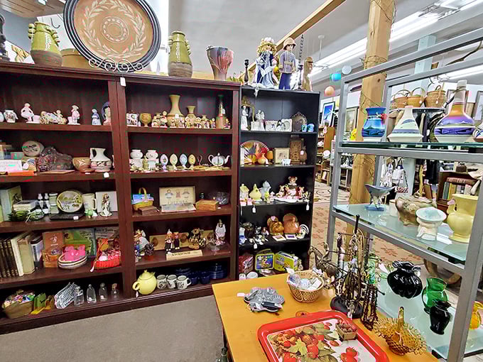 It's a ceramic jungle in here! From dainty teacups to kitschy knick-knacks, this shelf is a time capsule of grandma's living room greatest hits.