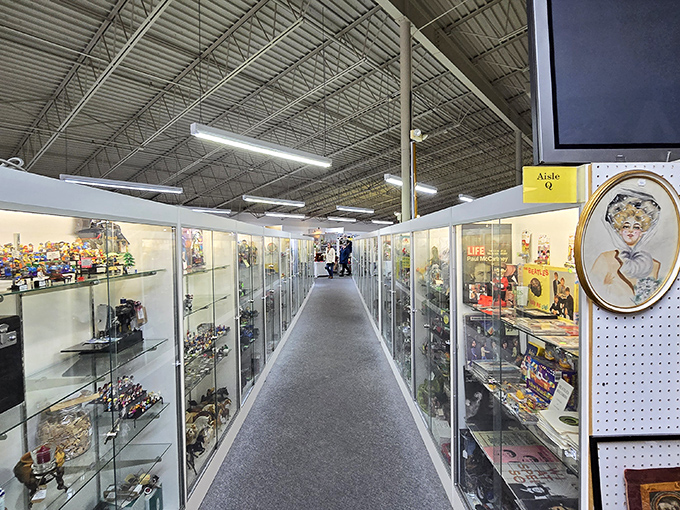 Aisle be there for you, nostalgia seekers! Glass cases line up like soldiers, guarding precious memories and quirky finds. It's a parade of the past!