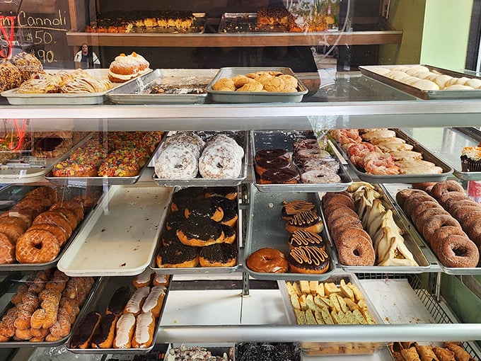 Choices, choices! From classic glazed to wild creations, this donut array is like a Willy Wonka fever dream come to life.