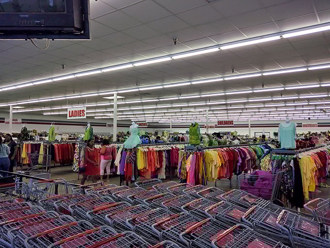 Behold the kaleidoscope of cast-offs! This sea of colorful clothing is where fashion trends of yesteryear come for their encore performance.