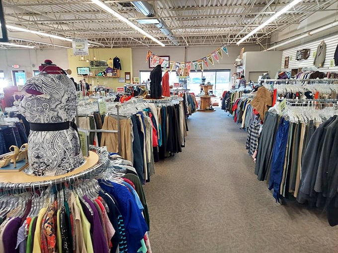 Behold the kaleidoscope of secondhand splendor! Racks upon racks of clothing create a colorful labyrinth of potential fashion finds.