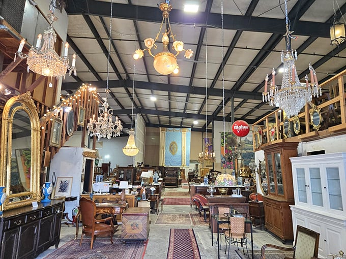 Chandeliers, chandeliers everywhere! This glittering forest of crystal and brass could light up the Phantom's lair ten times over.