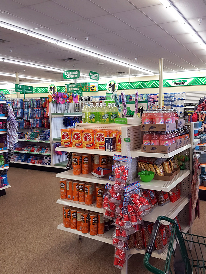 Behold the cornucopia of affordability! From party supplies to pantry staples, this aisle is like a bargain hunter's version of Willy Wonka's factory.