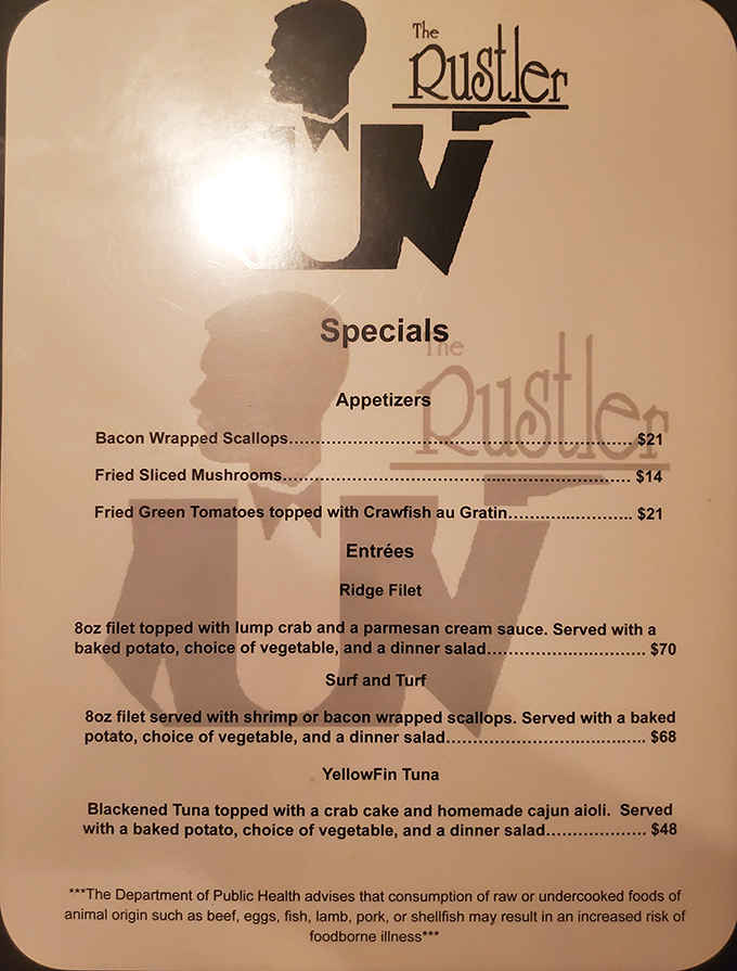 Behold, the menu of dreams! From bacon-wrapped scallops to the legendary Ridge Filet, it's a carnivore's choose-your-own-adventure book. Warning: May cause spontaneous drooling.