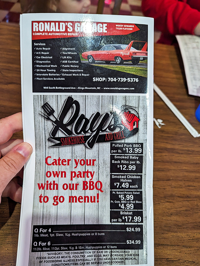 Decisions, decisions! This menu is like a roadmap to flavor town, with pit stops for pulled pork, ribs, and chicken that'll make your taste buds do a victory lap.