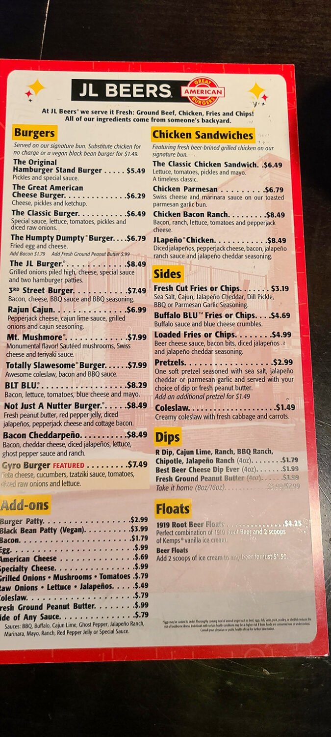 Decisions, decisions! JL Beers' menu is a tantalizing roadmap to flavor town, with burgers that'll make your taste buds do a happy dance.