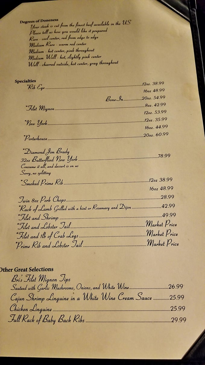 Behold, the sacred text of steak lovers! This menu isn't just a list; it's a love letter to beef, with options that'll make your inner carnivore howl with joy.