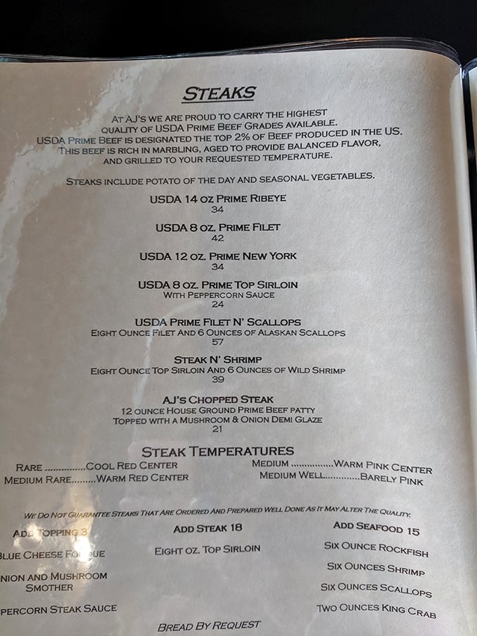 Behold, the sacred text of carnivores! This menu isn't just a list; it's a roadmap to beefy bliss. Choose your own steak adventure, from "Cool Red Center" to "Barely Pink."