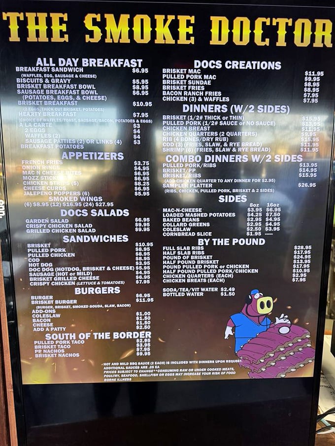 Behold, the sacred text of smoke and fire! This menu is a roadmap to flavor town, with pit stops at Brisket Boulevard and Rib Avenue.