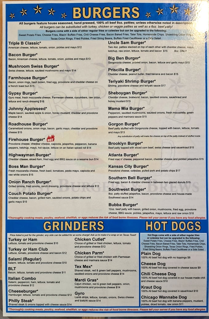A menu that reads like a love letter to beef. Choosing just one burger? That's the real challenge here, folks.