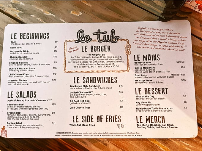 Behold, the menu of dreams! From "Le Burger" to "Le Merch," Le Tub's offerings are as charmingly eclectic as its decor.