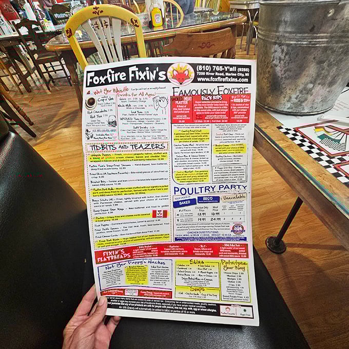 Behold, the menu of dreams! More colorful than a tie-dye shirt convention, it's a roadmap to flavor town that'll make your taste buds do a happy dance.