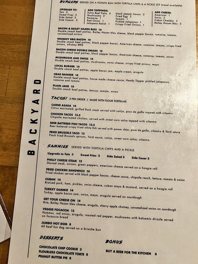 Menu, oh menu, how you tempt me so! From "Bacon & Bailey Hazen Bleu" to "Fried Brussels Taco," it's a roadmap to deliciousness.