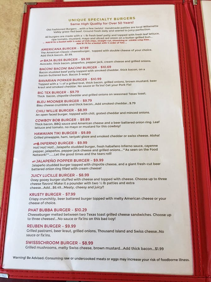 Behold, the sacred text of burger aficionados! This menu is like a choose-your-own-adventure book, where every choice leads to delicious satisfaction.