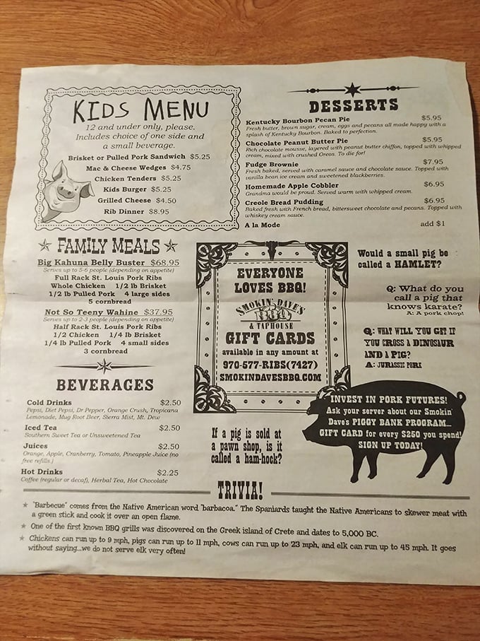 Menu madness! From "Big Kahuna Belly Busters" to "Creole Bread Pudding," this menu reads like a carnivore's bucket list with a side of humor.