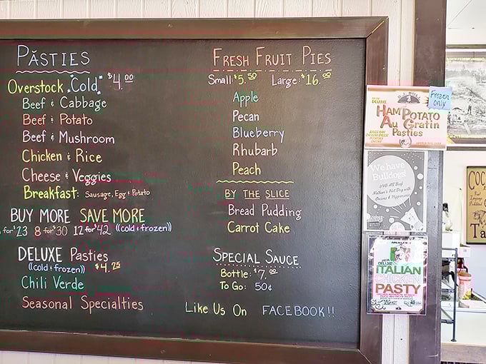 Behold, the menu of dreams! From classic pasties to fruit pies that could make your grandma jealous, this chalkboard is a roadmap to culinary bliss.