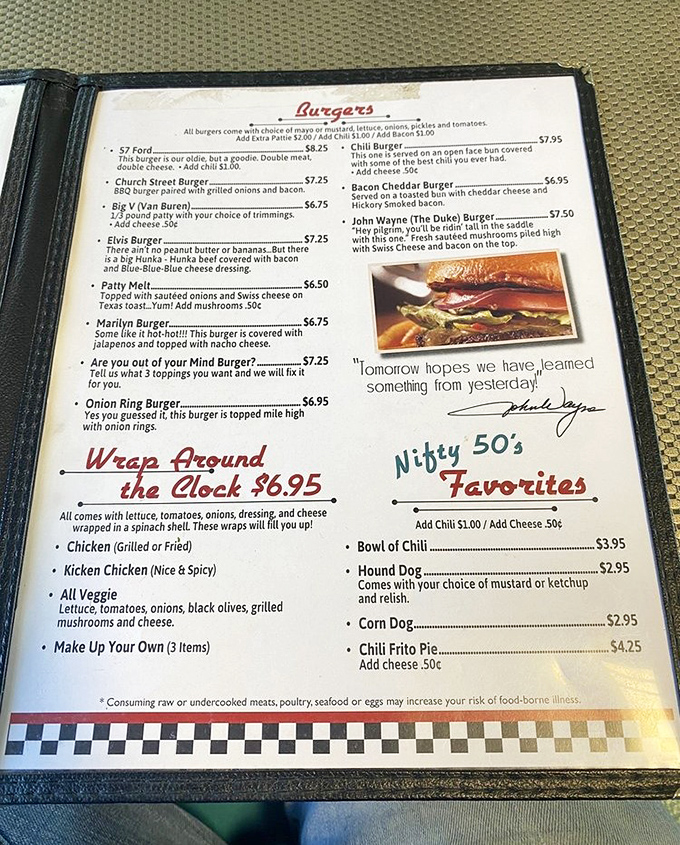 Decisions, decisions! From the "S7 Ford" to the "Elvis Burger," this menu reads like a greatest hits album of classic American comfort food. Better loosen that belt!