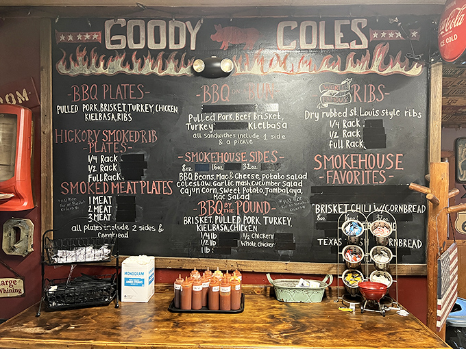 Decisions, decisions! This chalkboard menu is a carnivore's dream come true, offering a mouthwatering array of smoky delights.
