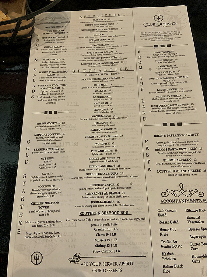 Decisions, decisions! This menu is like a treasure map of culinary delights. X marks the spot for everything from oysters to lobster mac and cheese.