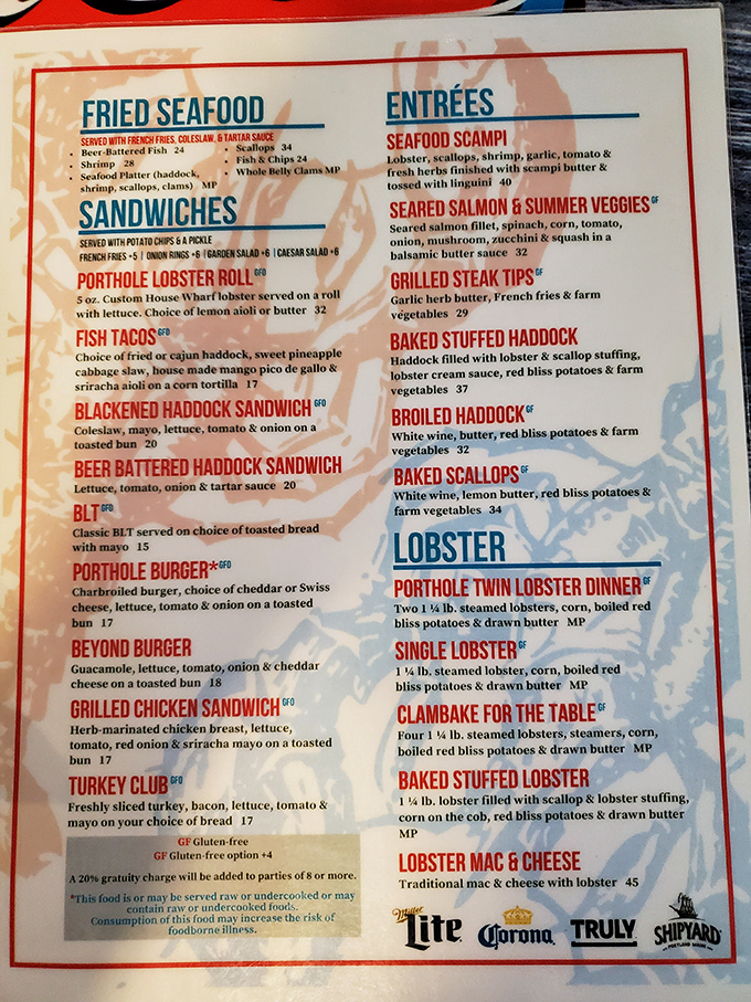 This menu is a treasure map of oceanic delights. X marks the spot for lobster rolls and seafood feasts!